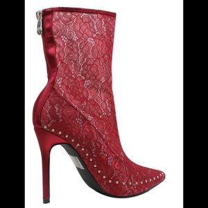 Shoes | Red Sheer Flower Lace Stiletto Heel Mid Calf Boot | Poshmark